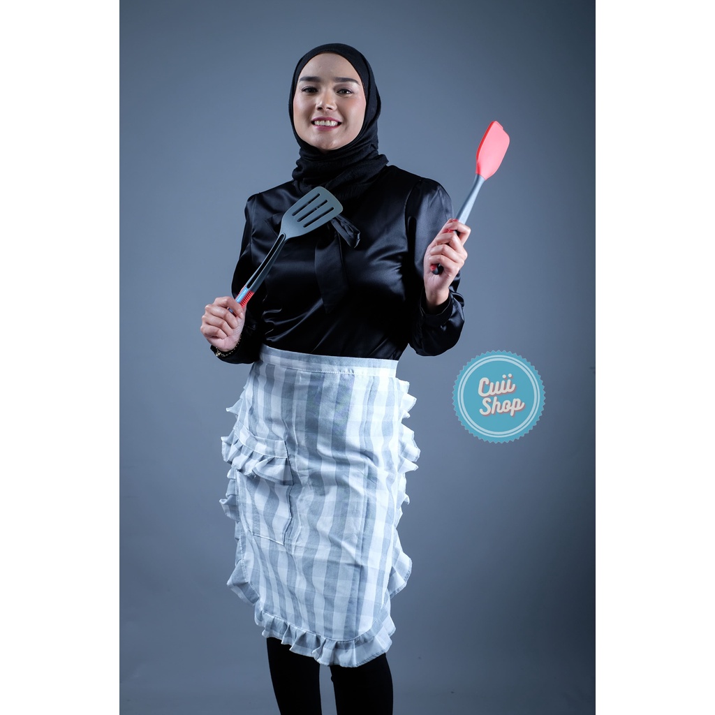 Jual CELEMEK ROK Masak Ruffle / APRON SETENGAH BADAN Saku Pinggir Motif ...