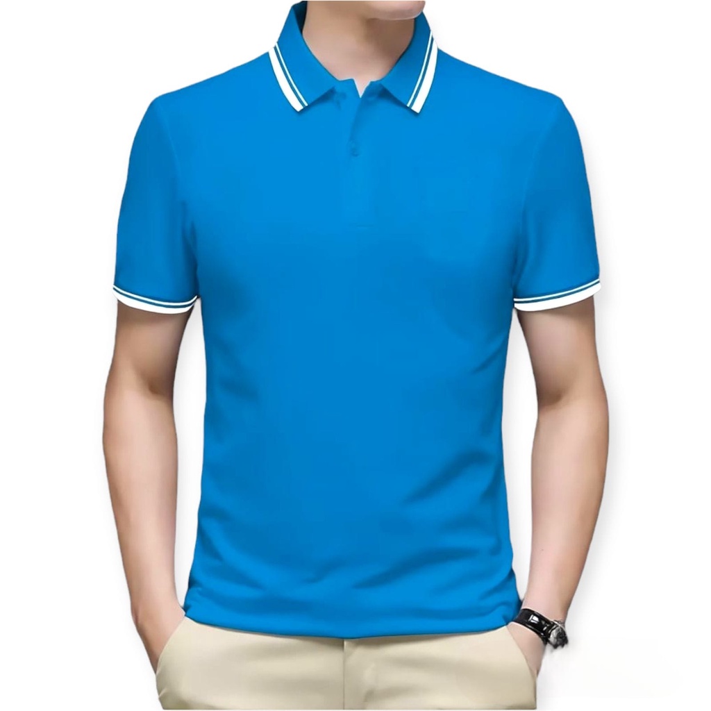 Jual SNSTORE - Kaos wangki t-shirt polo kerah list putih atasan polos pria lengan pendek kancing ...