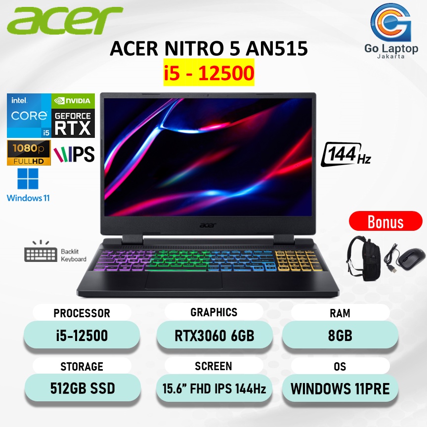 Jual ACER NITRO 5 AN515 RTX3060 6GB/ I5 12500 8GB 512SSD 15.6FHD IPS ...