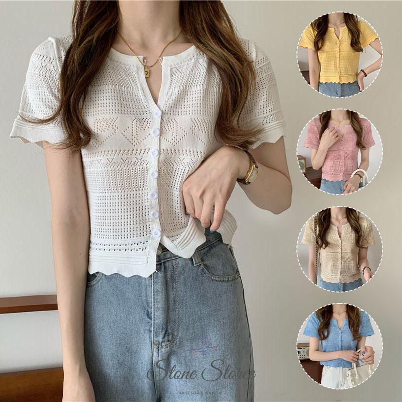 Jual V-Neck Button Baju Atasan Crop Top Rajut Wanita Fashion korean melubangi Lengan Pendek T ...