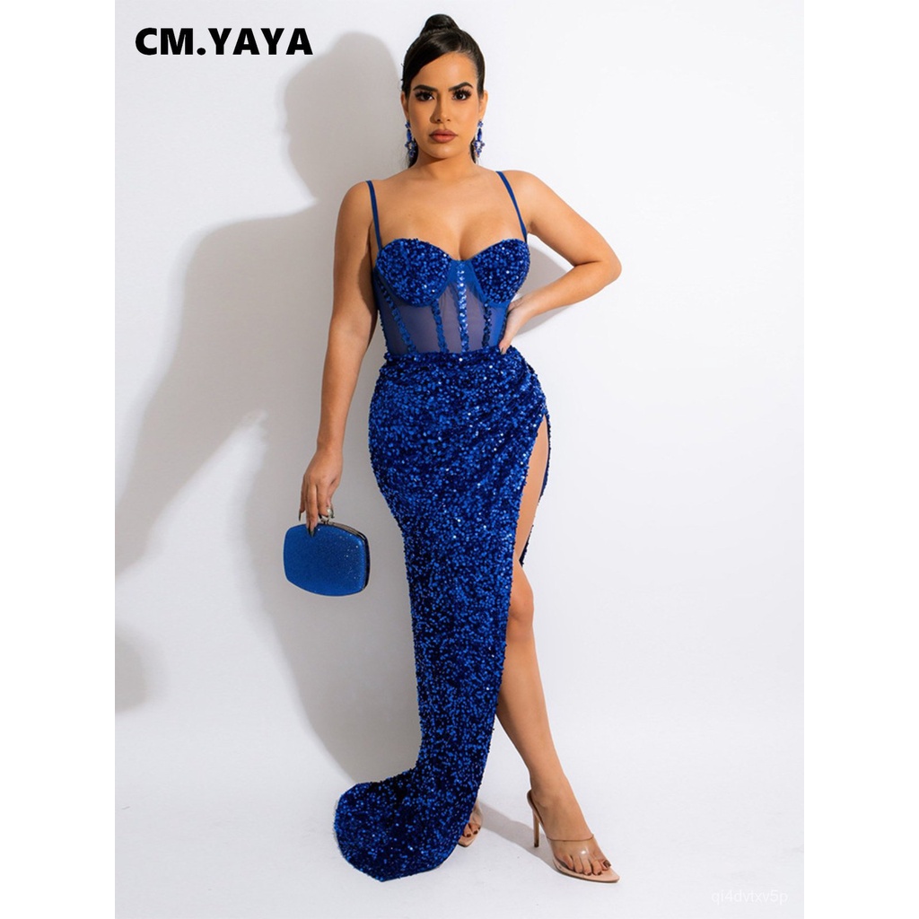 Jual CM.YAYA gaun Maxi Overback Midi Bodycon payet sisi tinggi perca ...