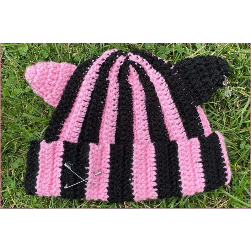 Jual HANDMADE KITTY BEANIE CAT EAR /STRIPED PINK BLACK/GARIS HITAM PINK ...