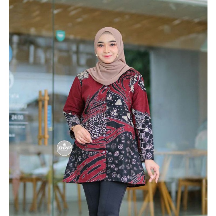 Jual BLOUSE BATIK ATASAN BAJU BATIK WANITA KERJA WARNA MERAH LENGAN ...