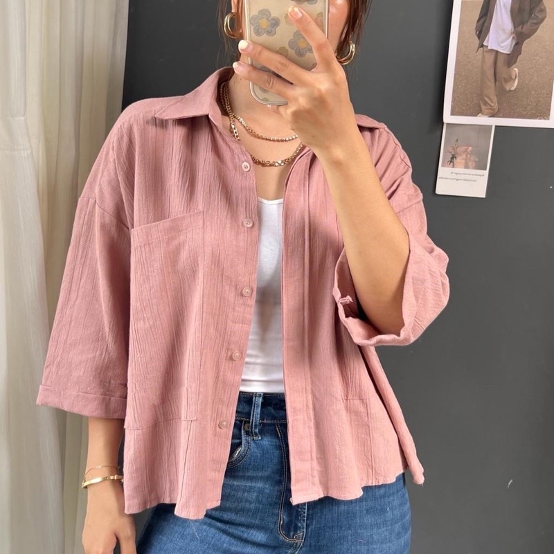 Jual Kemeja Wanita Linen Pocket - Oversized Linen Shirt - Atasan Wanita ...