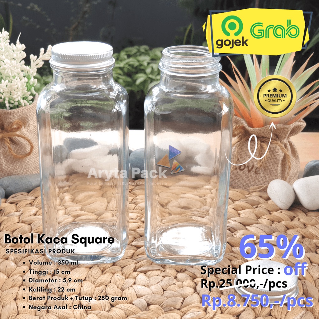 Jual Botol kaca bening 350ml square kotak minuman jus susu kopi tutup ...