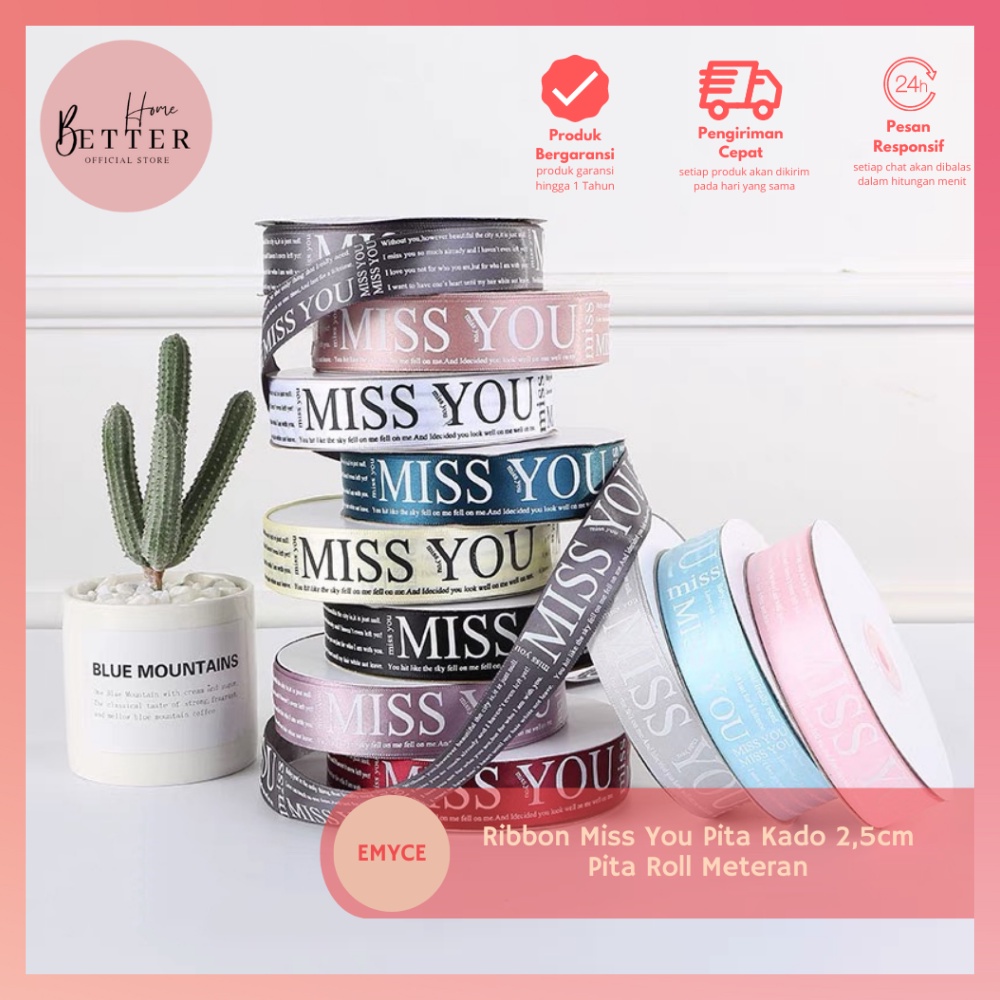Jual Better Home - [1 Meter] Ribbon Miss You Pita Kado 2,5cm Pita Roll ...