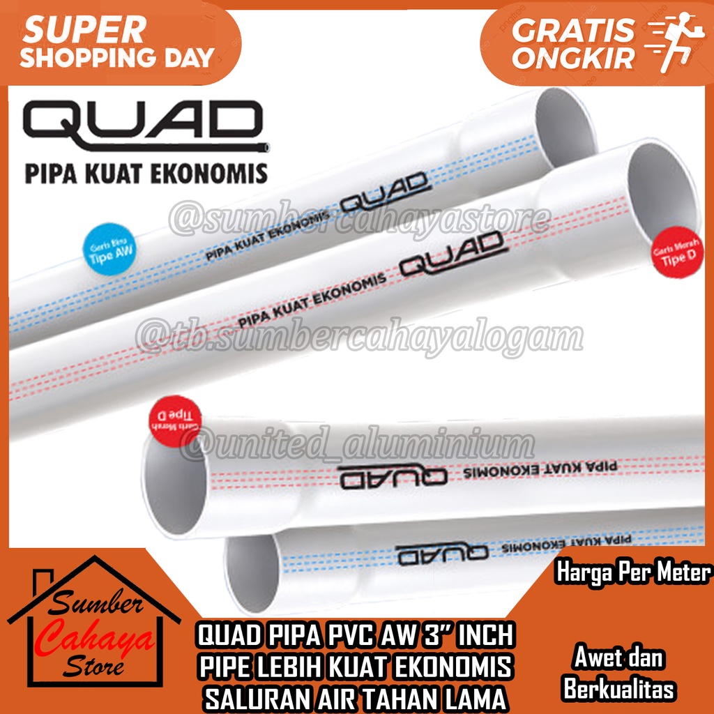 Jual PIPA PVC AW 3 INCH PIPE QUAD KUAT EKONOMIS SALURAN AIR TAHAN LAMA ...