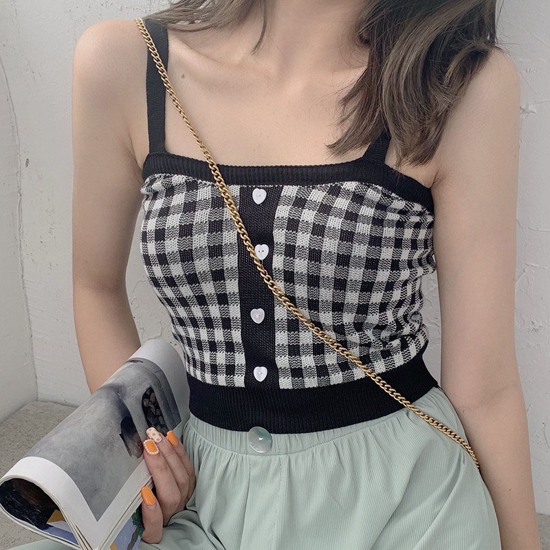 Jual Korean Square Knit Crop Tank Top Wanita Motif Kotak-Kotak ...