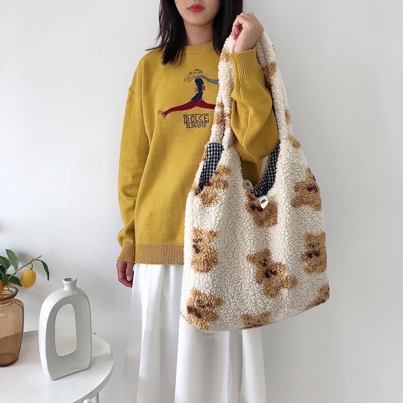 Jual PREMIUM TAS BULU MOTIF BERUANG BEAR KOREA / KOREAN FLUFFY TOTE BAG ...