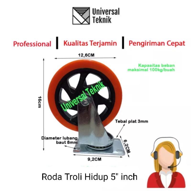 Jual Roda troli Troly PVC/PUHidup 5 inch orange roda Caster kastor ...