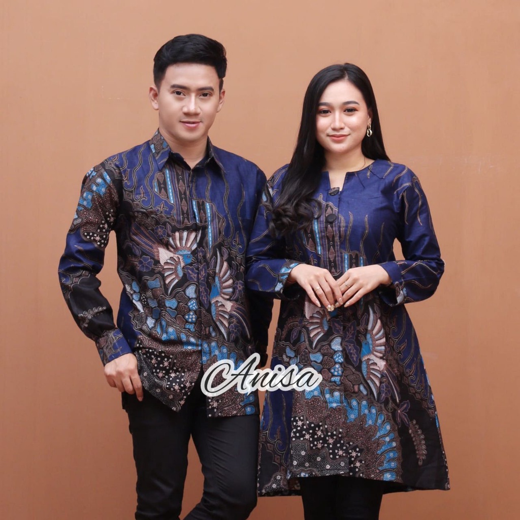 Jual Set Couple Batik Motif Kenari Warna Biru Navy Atasan Pria Kemeja ...