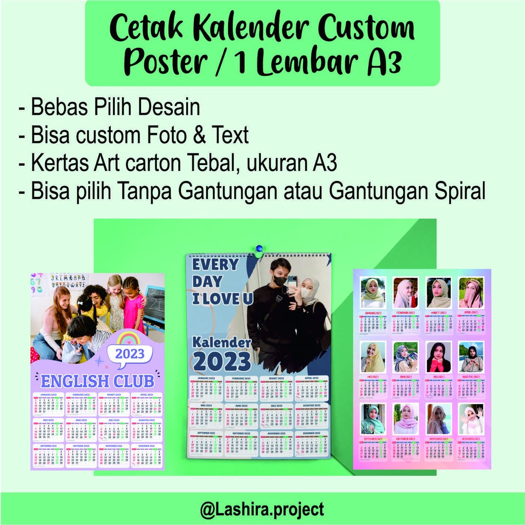 Jual cetak kalender dinding custom 1 lembar A3 poster dengan gantungan ...