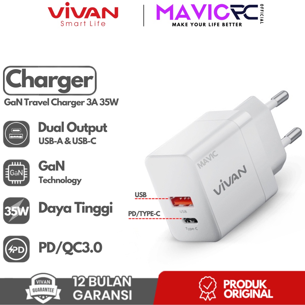 Jual VIVAN Power 35 GaN Adaptor Kepala Charger PD QC 4A 35W USB-C USB-A Dual Port Quick Charger ...