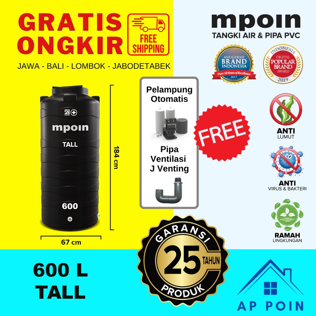 Jual TANGKI TANDON TOREN AIR MPOIN TALL 600 L RAMPING GARANSI 25 ...