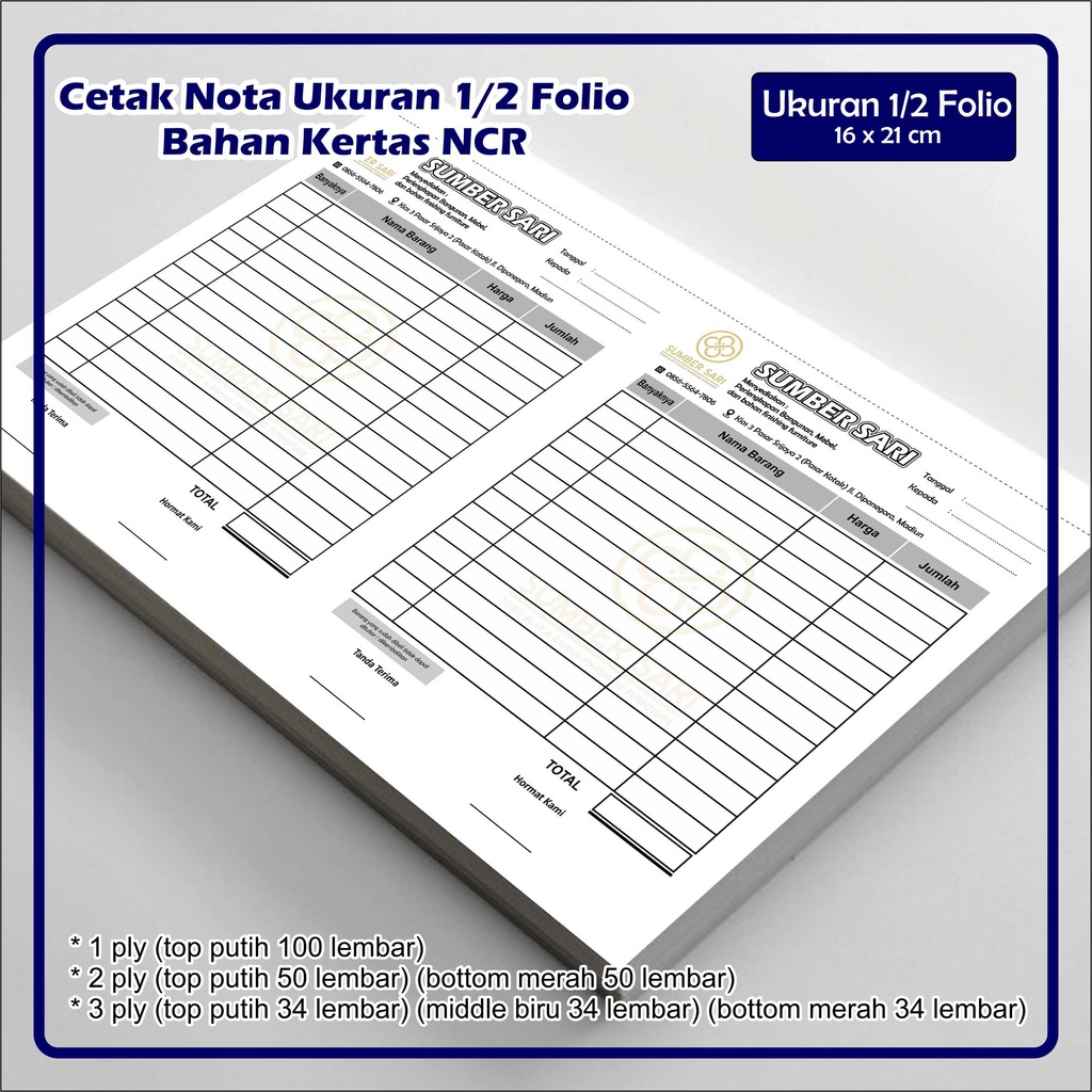 Jual Nota Ukuran 1/2 Folio Nota Toko Rangkap Nota Kontan Desain Custom ...
