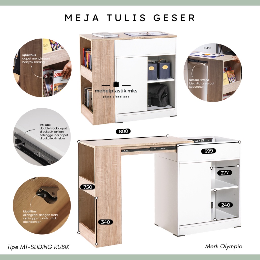 Jual Meja Kerja/ Meja Tulis Sliding Geser Rak Buku/ Rak Susun Particle ...