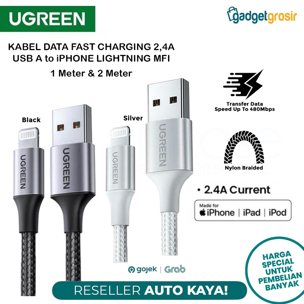 Jual UGREEN Kabel Data USB A to iPhone Lightning MFI 2,4A Fast Charging Cable Charger Nylon ...