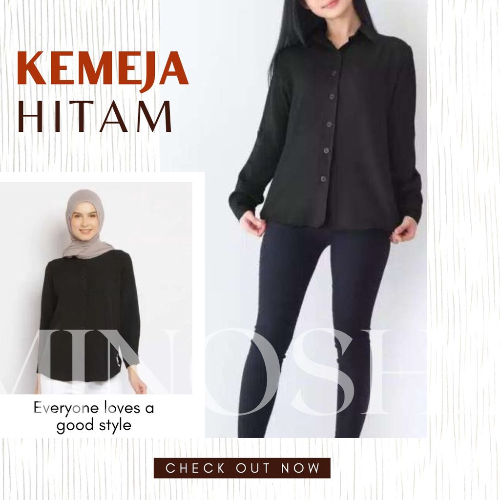 Jual MINOSHE Baju Kemeja Hitam Polos Katun Wanita Atasan Hem Kerja ...