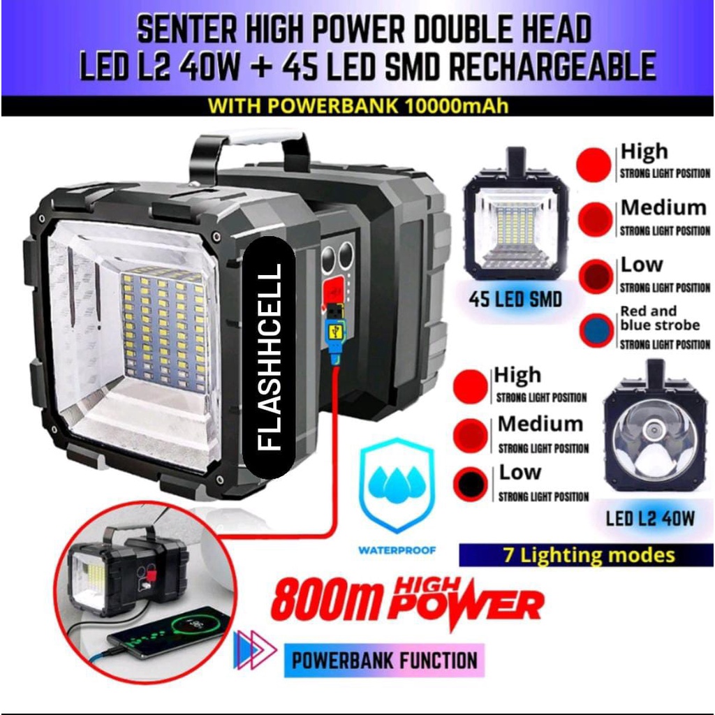 Jual Senter Double Head LED High Power LED L2 40W + 45 LED SMD ...