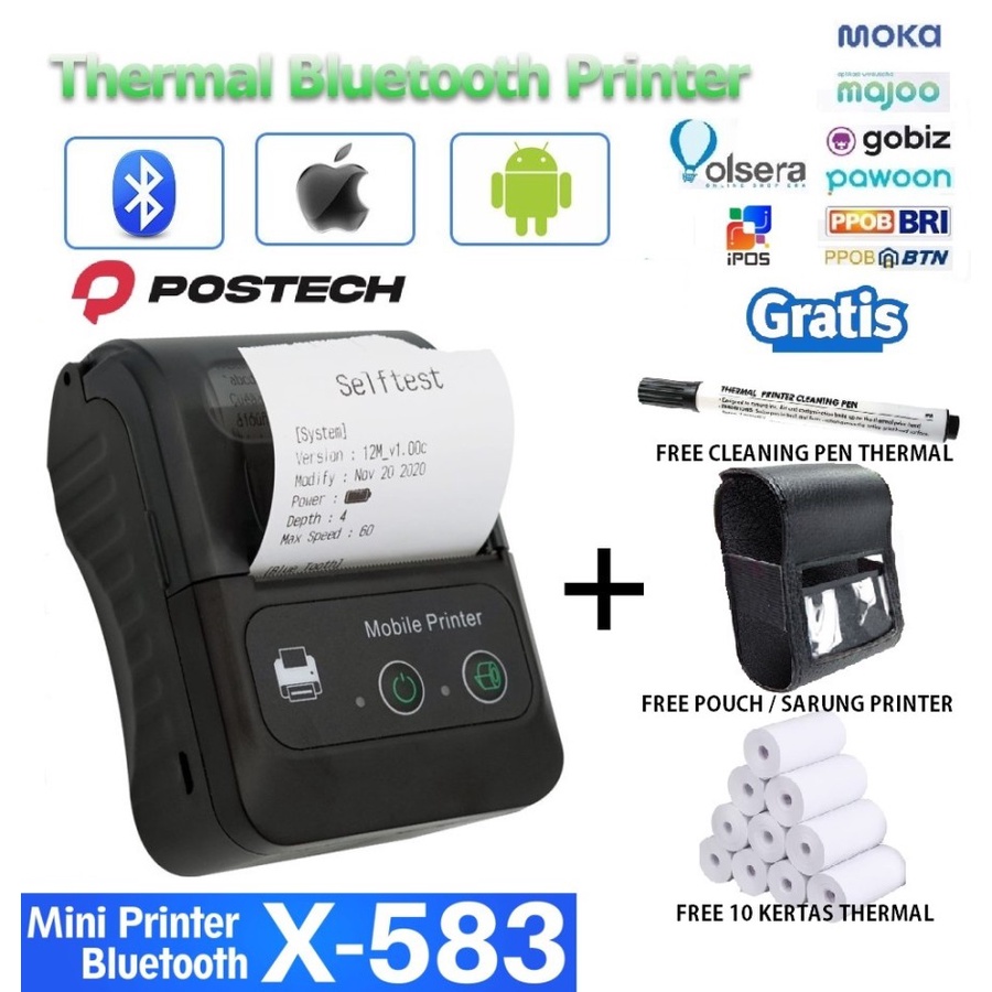Jual PRINTER BLUETOOTH MINI KASIR THERMAL 58MM + 10 KERTAS + POUCH + PEN | Shopee Indonesia