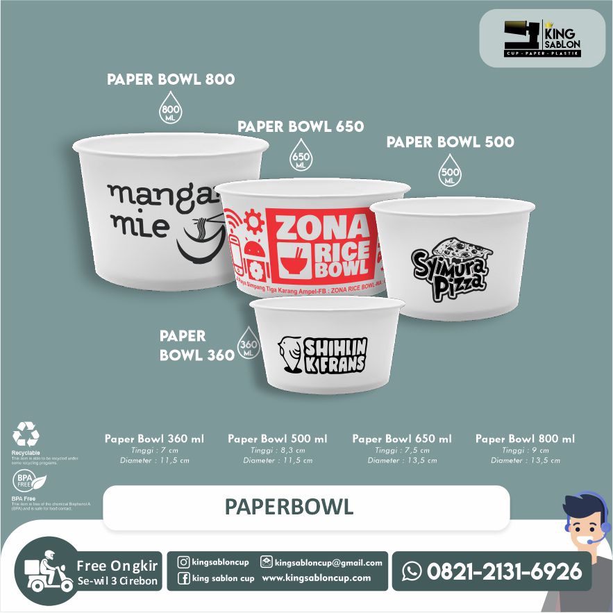 Jual Sablon paper bowl 360 ml 500 ml 650 ml 800 ml 1000 pcs Cetak Logo ...