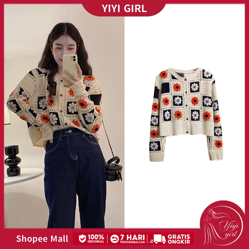 Jual YIYI GIRL Cardigan Rajut Bunga Wanita Kancing Korean Style Vintage ...