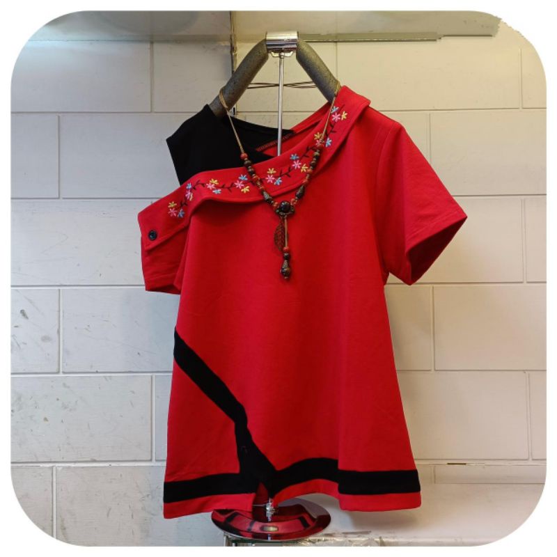 Jual Atasan Cheongsam Blouse Merah Imlek Atasan Merah Katun Bordir Baju ...