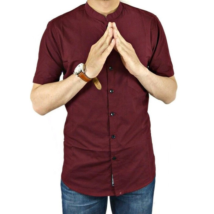 Jual kemeja Kemeja Pria Lengan Pendek Kerah Koko Shanghai Merah Maroon ...