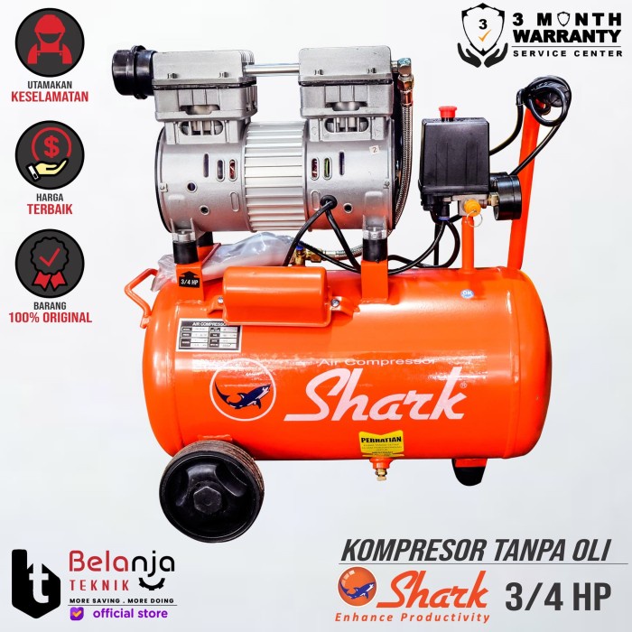 Jual Udara Shark 3/4 Hp 24 Liter Oilless Air Compressor Kompresor Angin ...