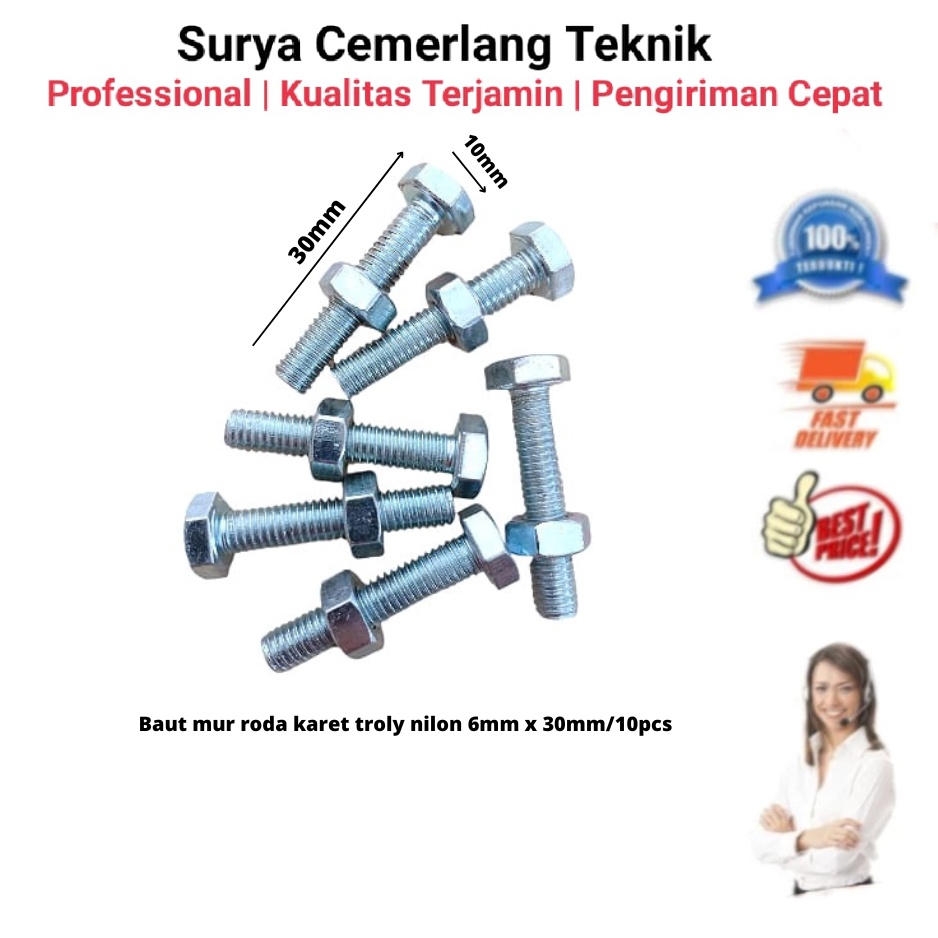 Jual Baut + Mur Roda karet dan troly 6mm x 30mm /10pcs | Shopee Indonesia