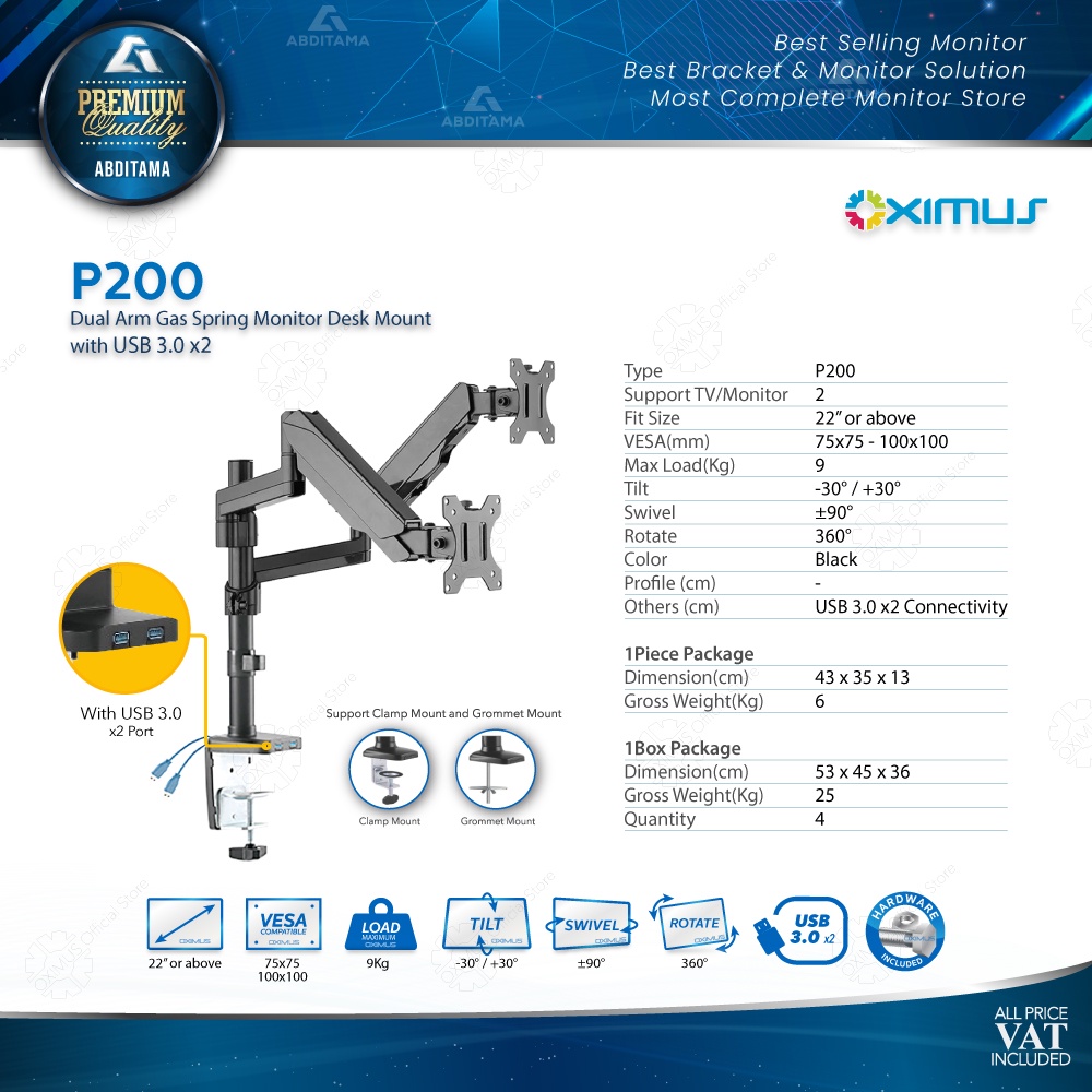 Jual BRACKET MONITOR GAS SPRING OXIMUS P200 TILT SWIVEL ROTATE USB 3.0 ...