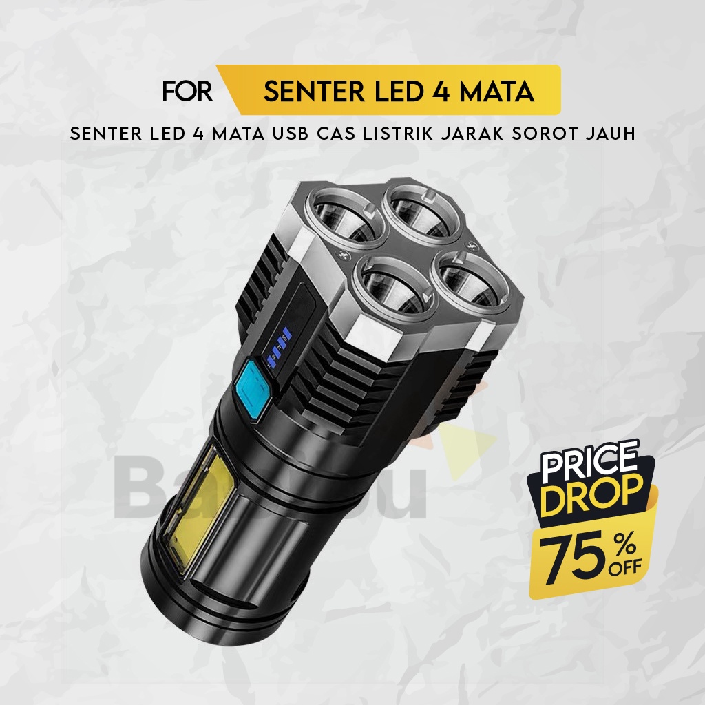 Jual Senter LED 4 Mata USB Cas Listrik Jarak Sorot Jauh Cahaya Super ...