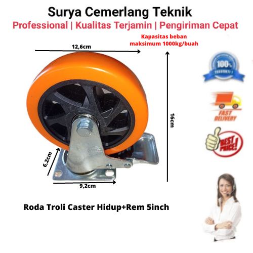 Jual Roda Troly Troli PU 5 inch hidup rem Double Bearing caster castor ...