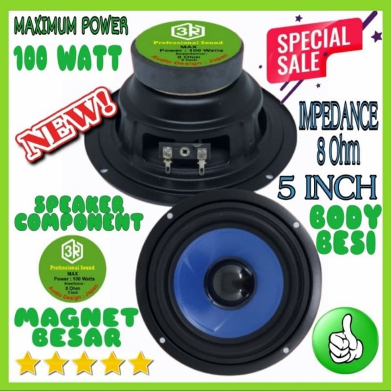 Jual Speaker Component 3R 5 Inch Biru Woofer Magnet Besar 100 Watt 8 ...