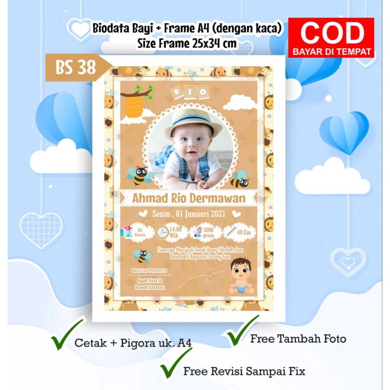 Jual Biodata Bayi + Frame A4 BS38 Tema lebah Boy/girl *FREE PACKING ...