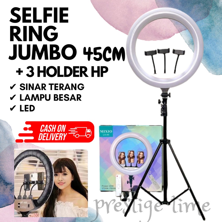 Jual Paket Set Ring Light Jumbo 45cm + Tripod 2m + 3 Phone Holder HP ...