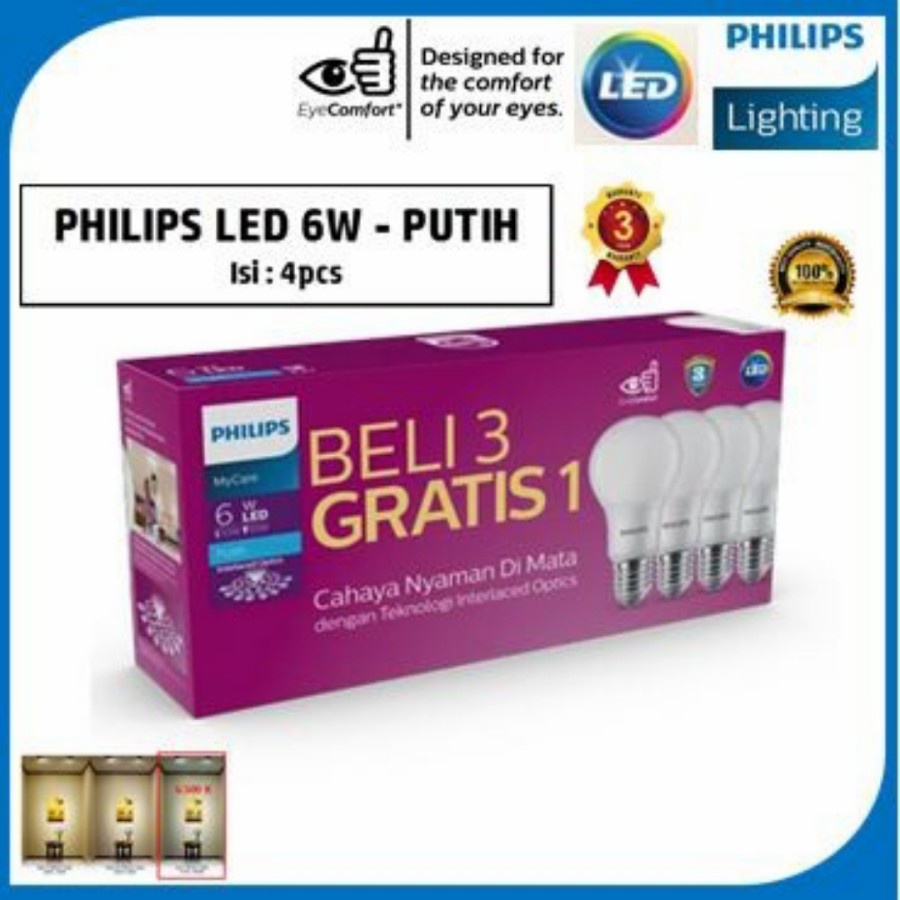 Jual LAMPU LED PHILIPS 6 WATT MULTIPACK MYCARE PUTIH PAKET PROMO ISI 4 | Shopee Indonesia