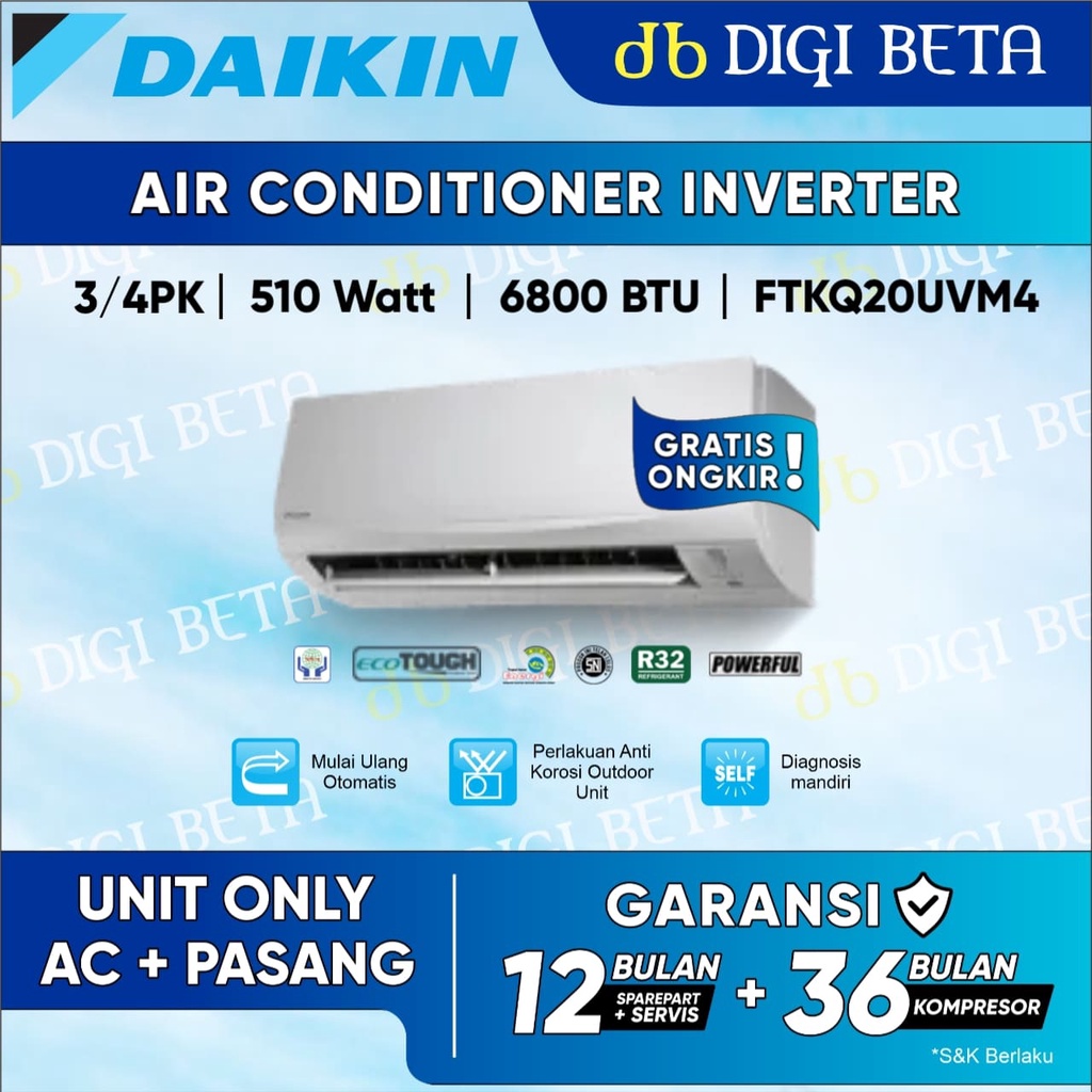 Jual AC Daikin 3/4 PK Inverter FTKQ20UVM4 Air Conditioner Split 690 ...