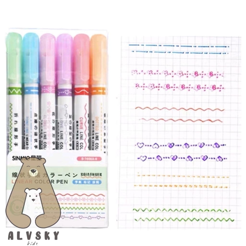 Jual LINE MARKER 6 PCS HIGHLIGHTER BENTUK GARIS MULTI WARNA SET CURVE ...