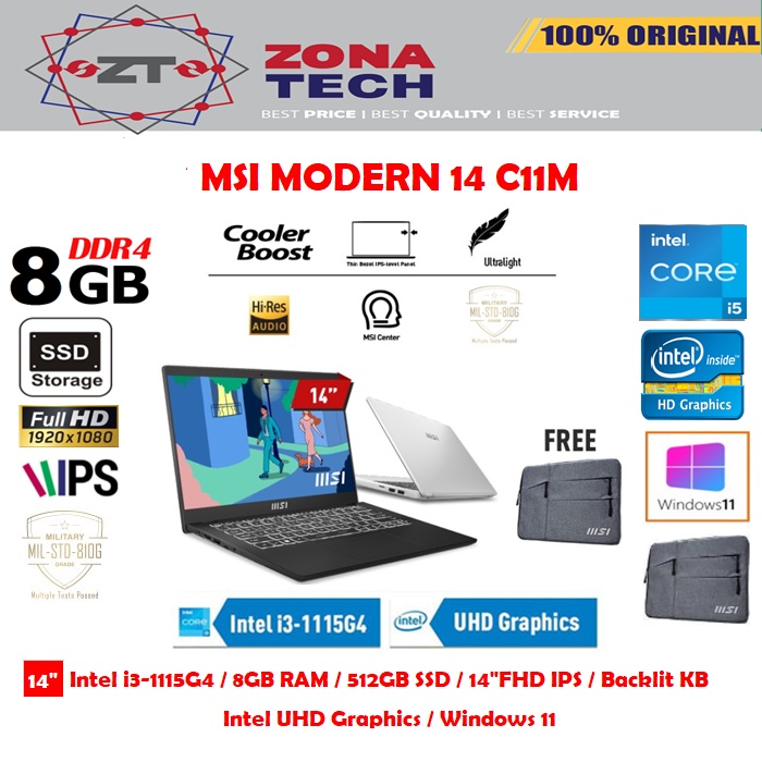 Jual MSI MODERN 14 C11M - i3-1115G4 - 8GB - 512GB SSD - IRIS XE GRAPHICS - 14"FHD IPS - WIN11 ...