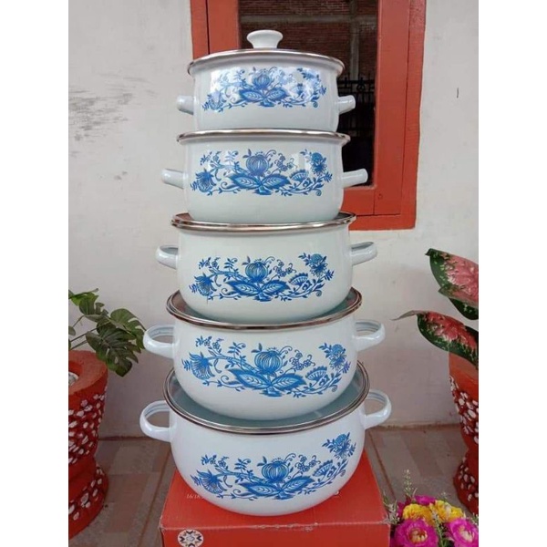 Jual Panci Set Enamel 5 Susun Tutup Kaca / Panci Set Motif Bunga ...