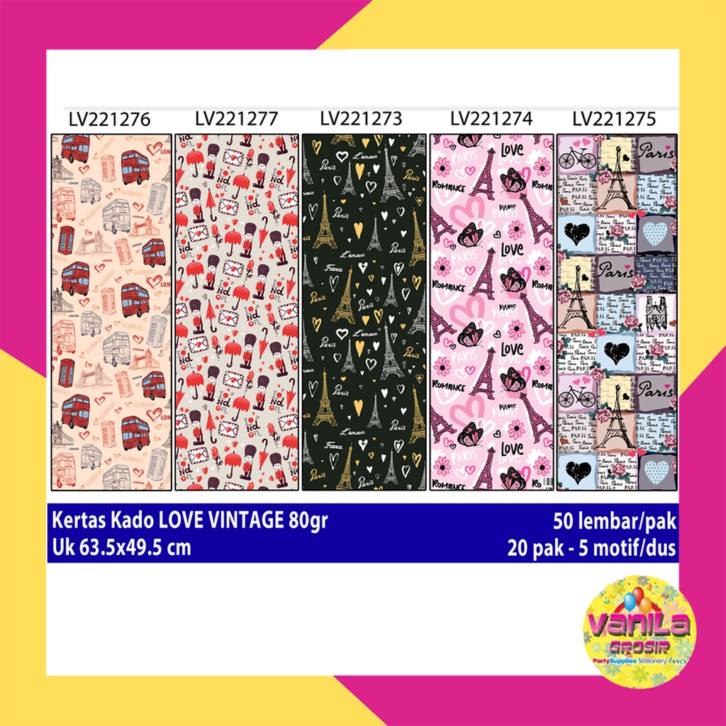 Jual Kertas Kado LOVE PARIS, kertas kado vintage, love vintage, kertas ...