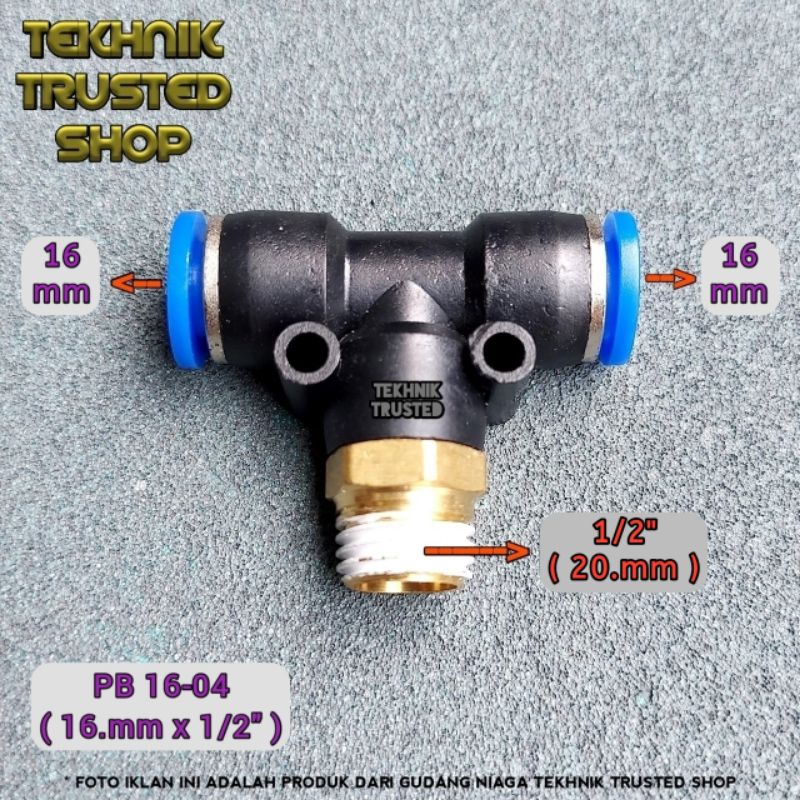 Jual Fitting Tee conector selang 16mm x 1/2" Drat Male PB 16-04 BRASS ...