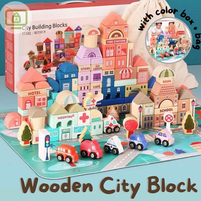 Jual wooden building city blocks mainan kayu blocks bangunan kota 115 ...