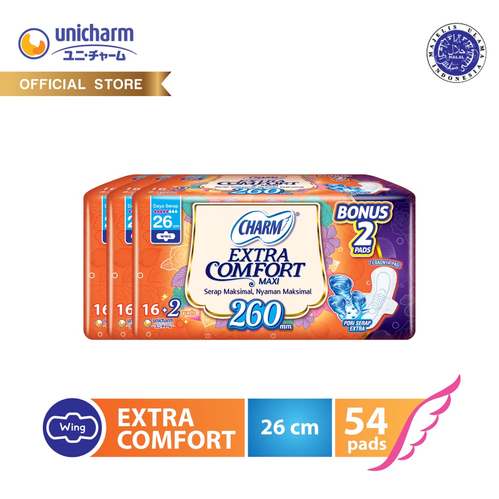 Jual Charm Pembalut Extra Comfort Maxi 26cm Wing 16 pads - 3 Packs ...