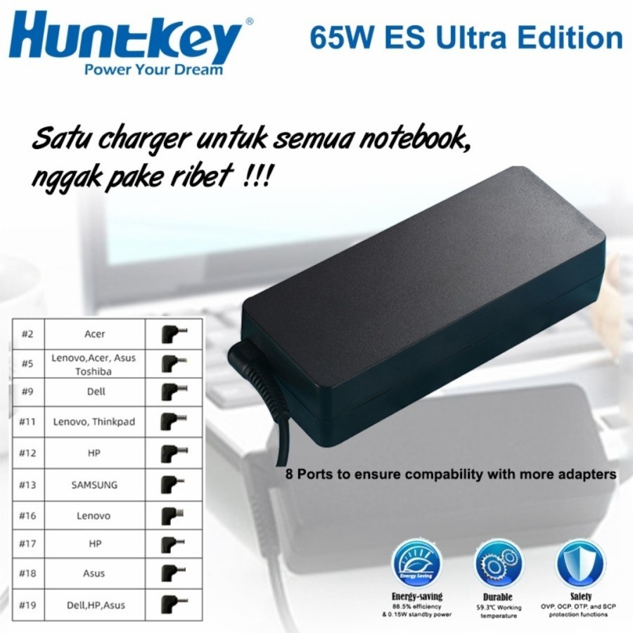 Jual Huntkey 65W ES Ultra Universal Notebook Adaptor | Shopee Indonesia