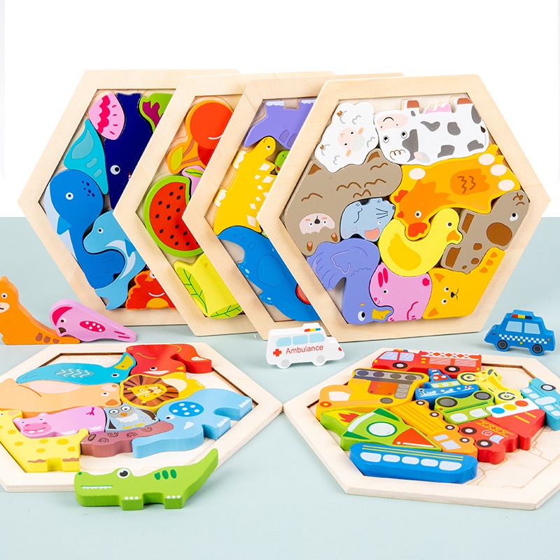 Jual GU Puzzle 3D Hexagon Animal Wooden Montessori Wooden Chunky ...