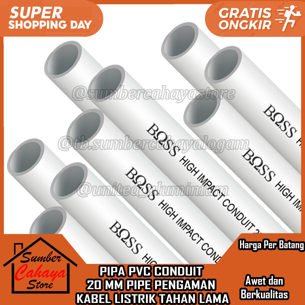 Jual PIPA CONDUIT KONDUIT LISTRIK 20MM BOSS 2.9M HIGH IMPACT PVC PUTIH ...