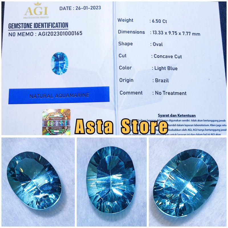 Jual NATURAL LIGHT BLUE AQUAMARINE LUSTER + MEMO LAB ( TERMASUK RING PERAK , UKURAN BY REQUEST ...