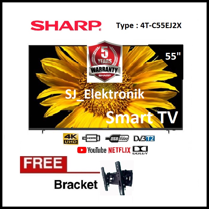 Jual (KHUSUS LUAR KOTA) Free Braket LED TV Sharp 55 Inch 4T-C55EJ2X / 55EJ2 SmartTV UHD 4K HDR ...